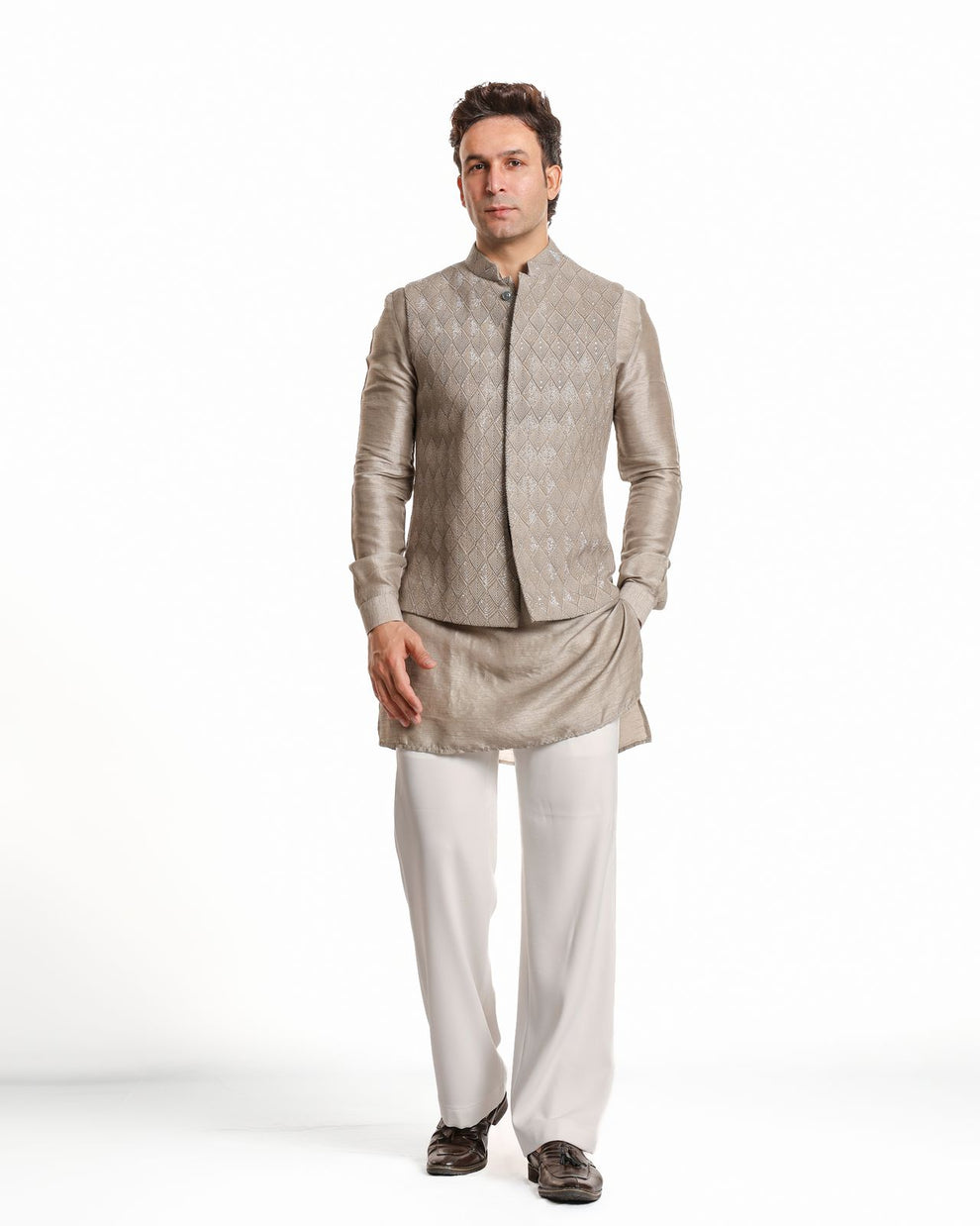 ASH GREY GLASS THREAD NEHRU JACKET KURTA SET – Linebyshamimkhan