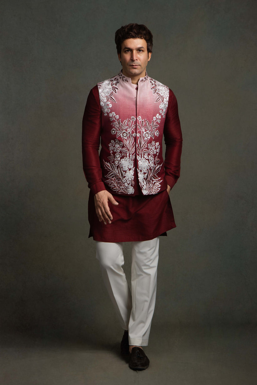 WINE RED OMBRE SILK EMBROIDERY NEHRU JACKET SET – Linebyshamimkhan